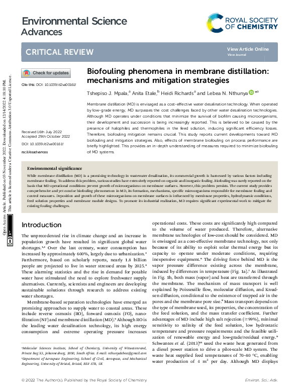 (PDF) Biofouling phenomena in membrane distillation: mechanisms and mitigation strategies