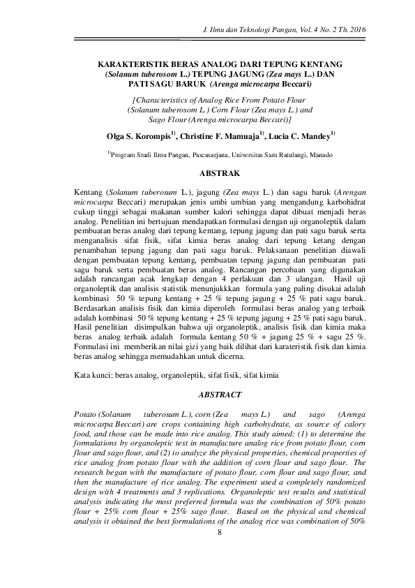 (PDF) Characteristics of Analog Rice From Potato Flour (Solanum ...