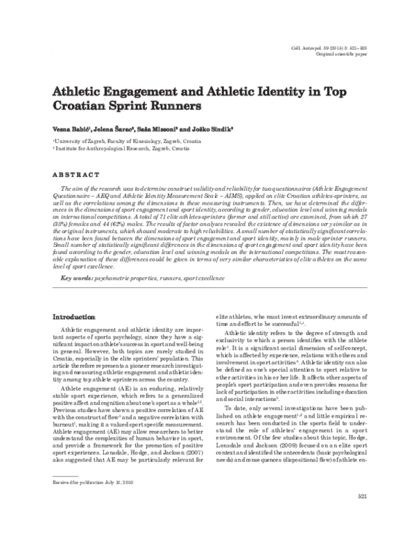 Pdf Athletic Engagement And Athletic Identity In Top Croatian Sprint Runners Jelena Šarac