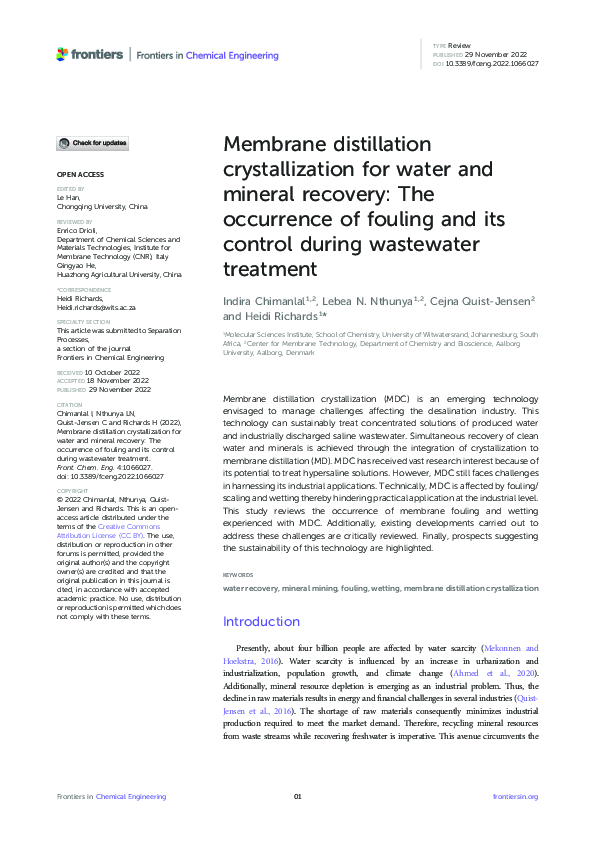 (PDF) Membrane distillation crystallization for water and mineral ...