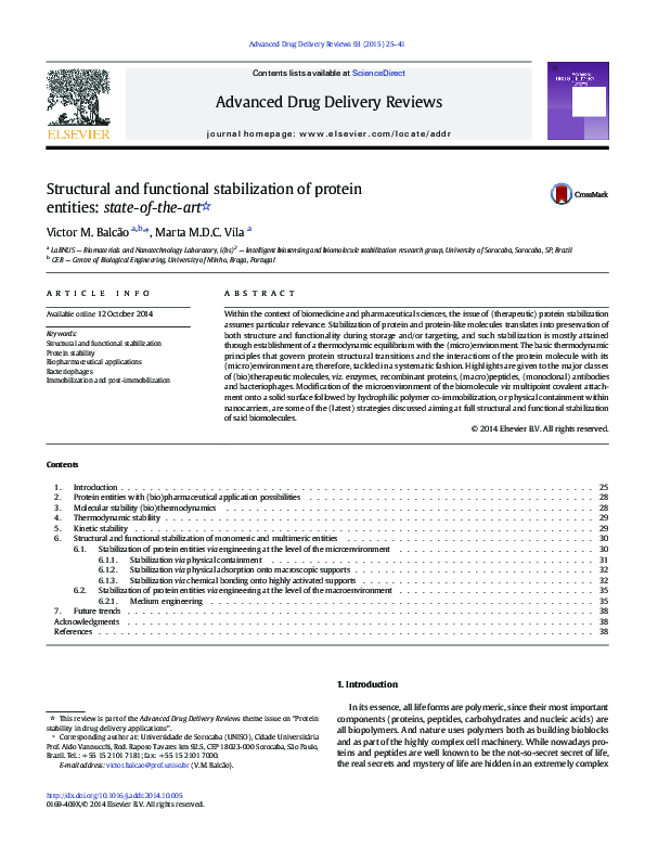 (PDF) Structural and functional stabilization of protein entities ...