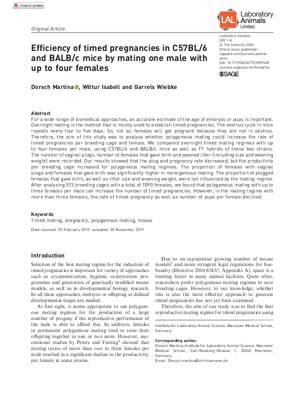 (PDF) Efficiency of timed pregnancies in C57BL/6 and BALB/c mice by ...