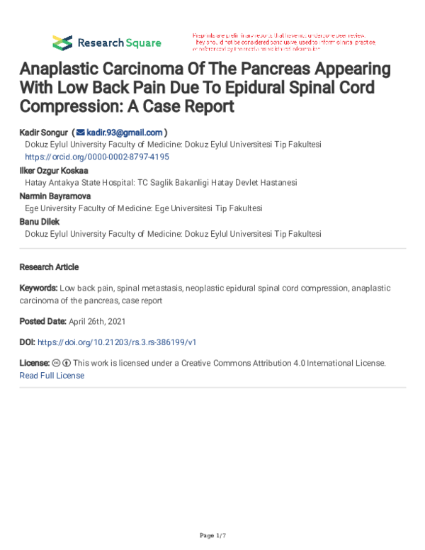 (PDF) Anaplastic Carcinoma Of The Pancreas Appearing With Low Back Pain Due To Epidural Spinal ...