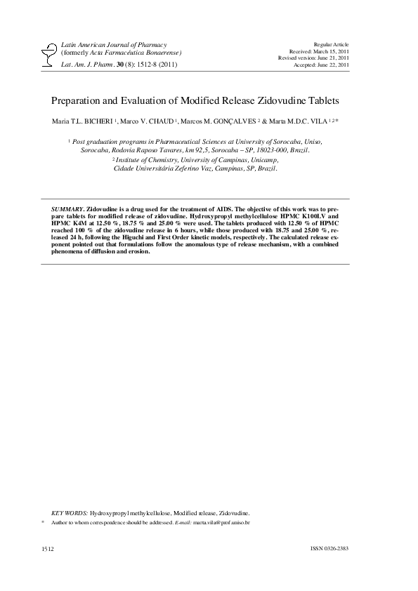 Pdf Preparation And Evaluation Of Modified Release Zidovudine Tablets