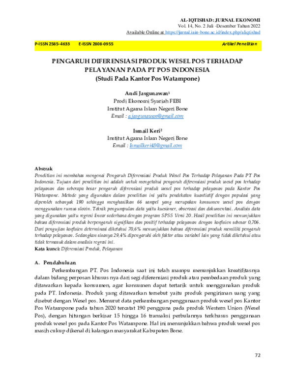 (PDF) PENGARUH DIFERENSIASI PRODUK WESEL POS TERHADAP PELAYANAN PADA PT POS INDONESIA (Studi ...