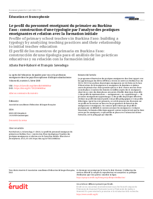 (PDF) Le profil du personnel enseignant du primaire au Burkina Faso ...