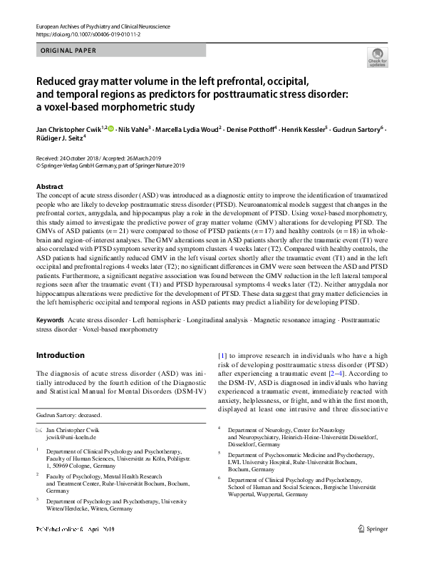 (PDF) Reduced gray matter volume in the left prefrontal, occipital, and ...