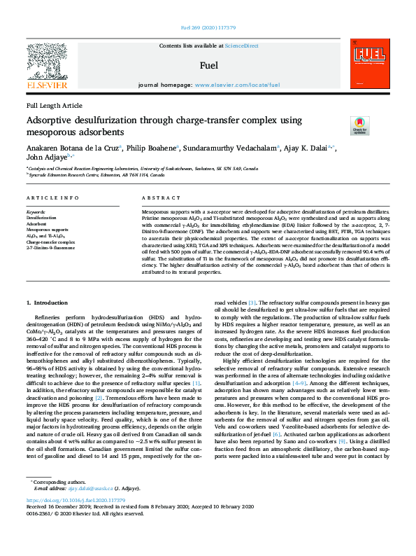 (PDF) Adsorptive desulfurization through charge-transfer complex using mesoporous adsorbents
