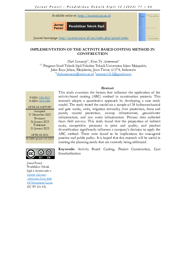 Pdf Implementation Of The Activity Based Costing Method In Construction