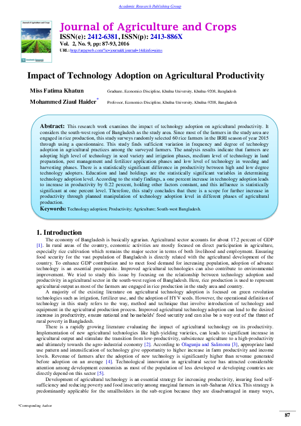 (PDF) Journal of Agriculture and Crops Impact of Technology Adoption on ...
