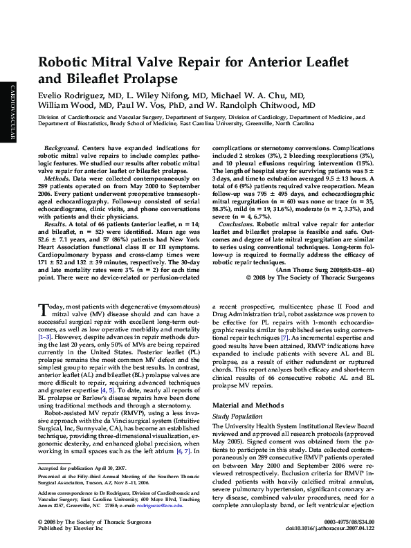 (PDF) Robotic Mitral Valve Repair for Anterior Leaflet and Bileaflet ...