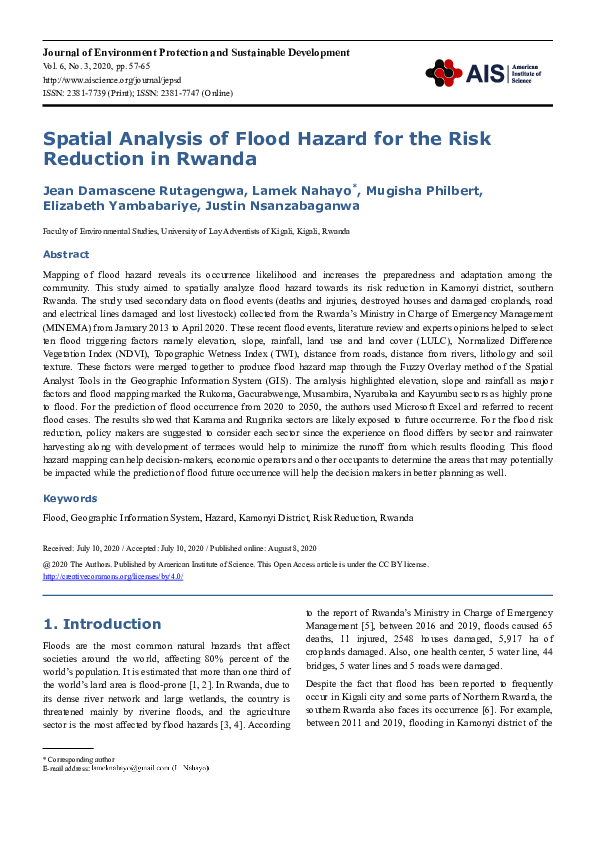 (PDF) Spatial Analysis of Flood Hazard for the Risk Reduction in Rwanda