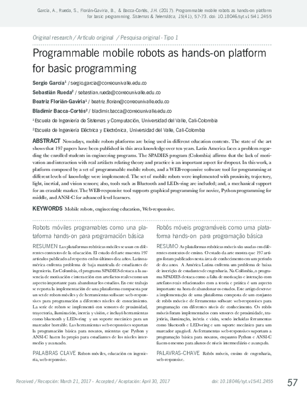 Pdf Programmable Mobile Robots As Hands On Platform For Basic Programming
