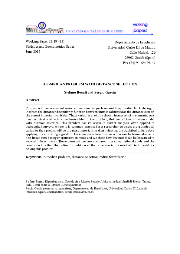 Pdf A P Median Problem With Distance Selection