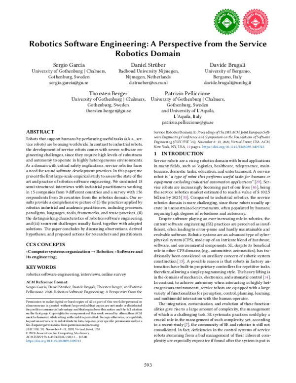 (PDF) Robotics software engineering: a perspective from the service robotics domain