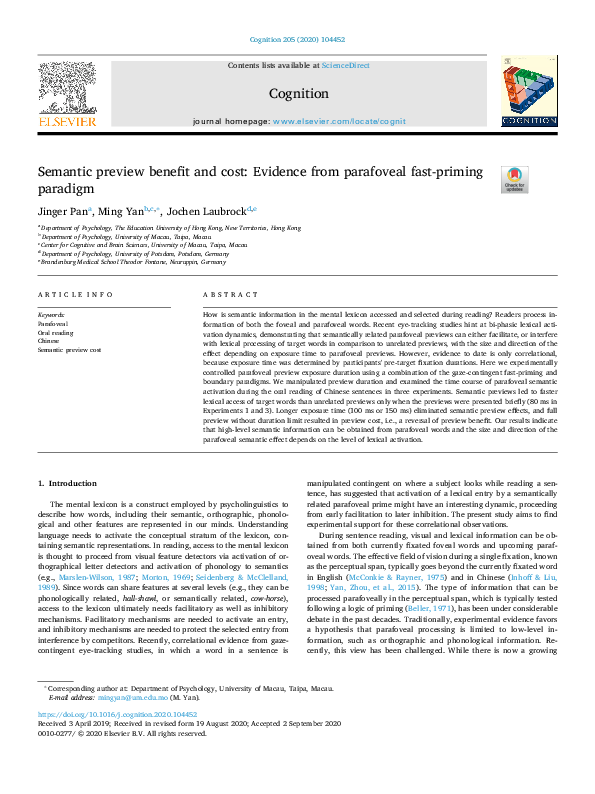 (PDF) Semantic preview benefit and cost: Evidence from parafoveal fast ...