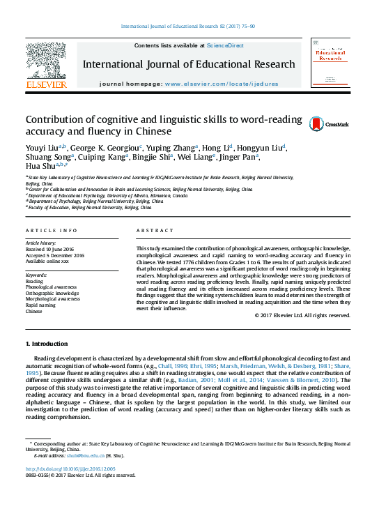 (PDF) Contribution of cognitive and linguistic skills to word-reading accuracy and fluency in ...