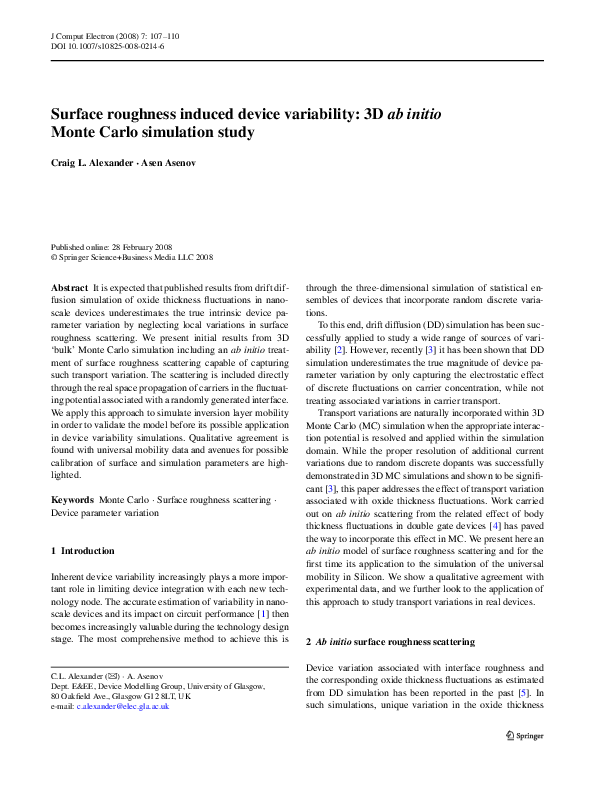(PDF) Surface roughness induced device variability: 3D ab initio Monte Carlo simulation study ...