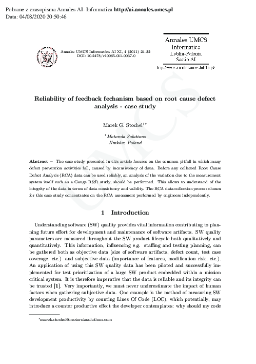 (PDF) Reliability of feedback fechanism based on root cause defect analysis - case study