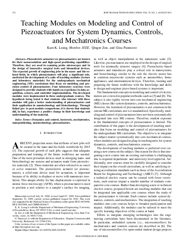 (PDF) Teaching Modules on Modeling and Control of Piezoactuators for System Dynamics, Controls ...