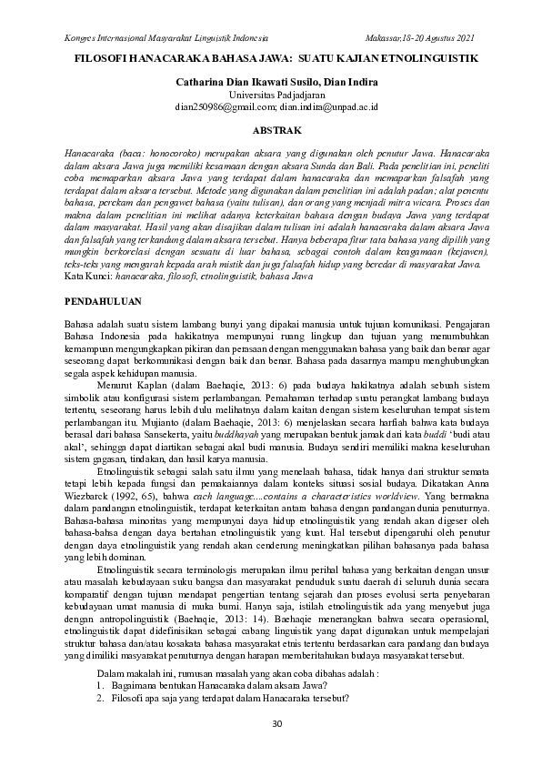 (PDF) Filosofi Hanacaraka Bahasa Jawa Suatu Kajian Etnolinguistik