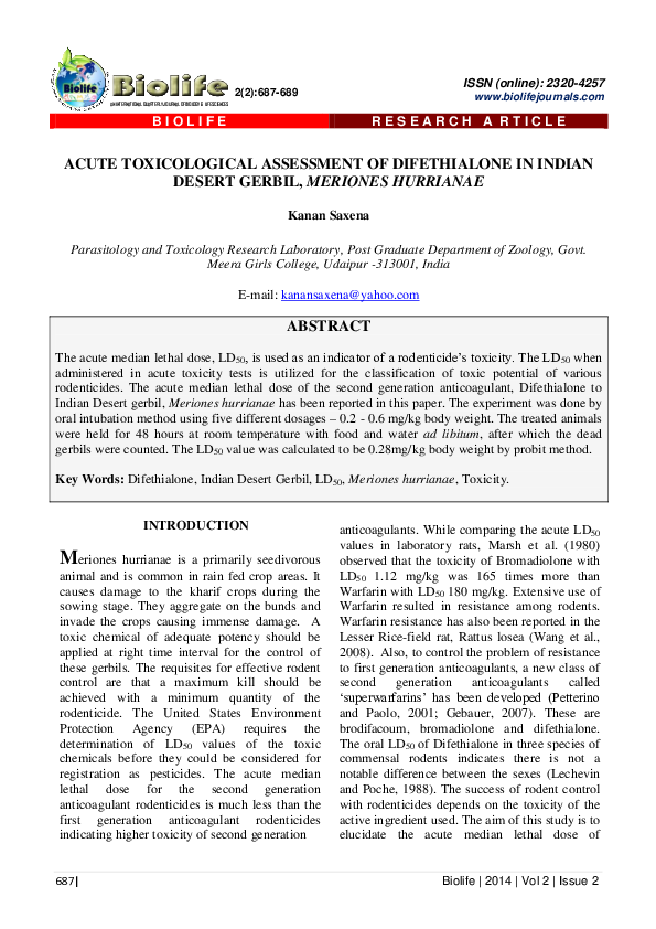 (PDF) ACUTE TOXICOLOGICAL ASSESSMENT OF DIFETHIALONE IN INDIAN DESERT ...