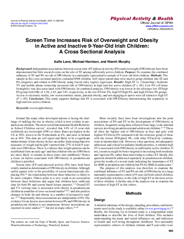 (PDF) Screen Time Increases Risk of Overweight and Obesity in Active ...