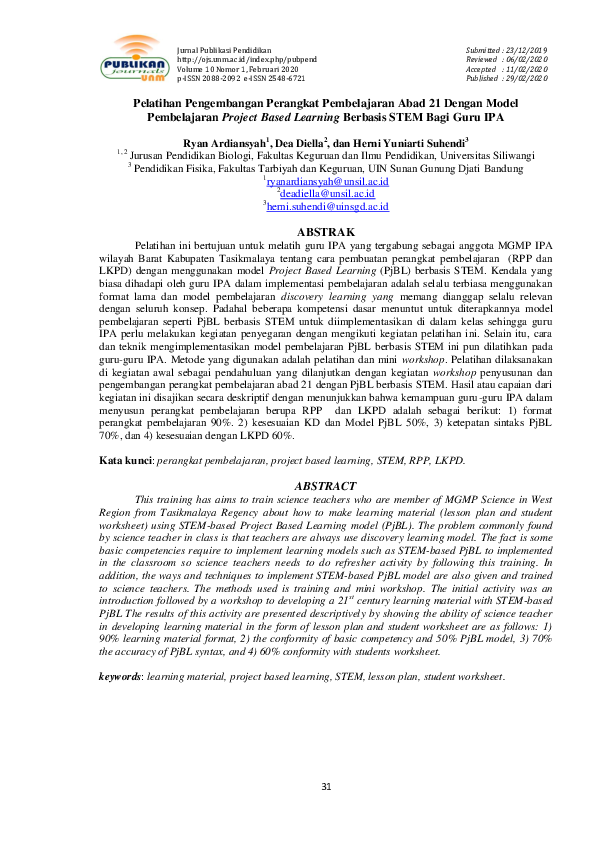 (PDF) Pelatihan Pengembangan Perangkat Pembelajaran Abad 21 Dengan Model Pembelajaran Project ...