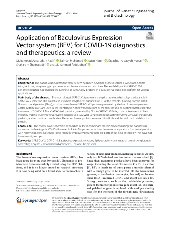 (PDF) Application of Baculovirus Expression Vector system (BEV) for COVID-19 diagnostics and ...