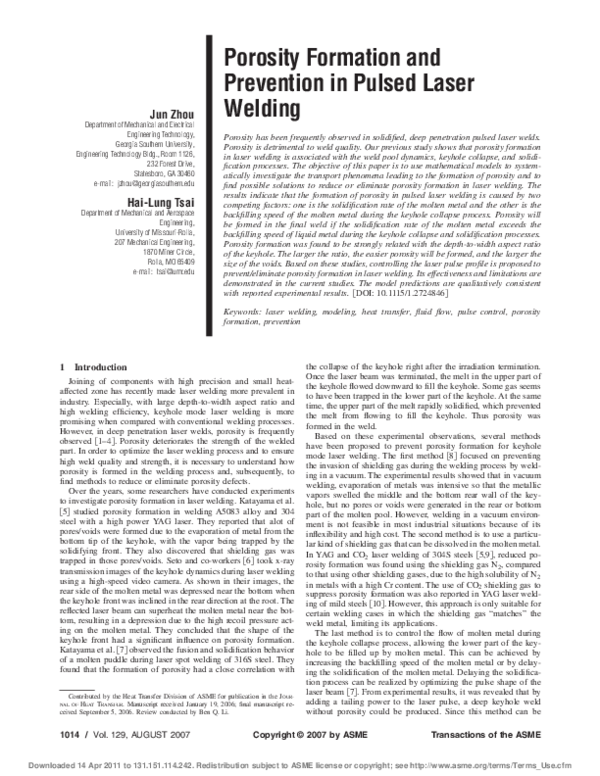 (PDF) Porosity Formation and Prevention in Pulsed Laser Welding