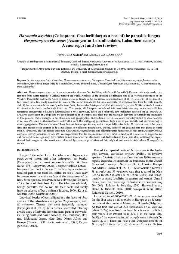 (PDF) Harmonia axyridis (Coleoptera: Coccinellidae) as a host of the ...
