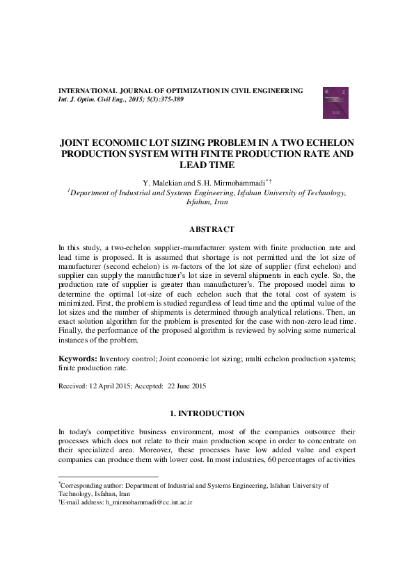 Pdf Joint Economic Lot Sizing Problem In A Two Echelon Production System With Finite