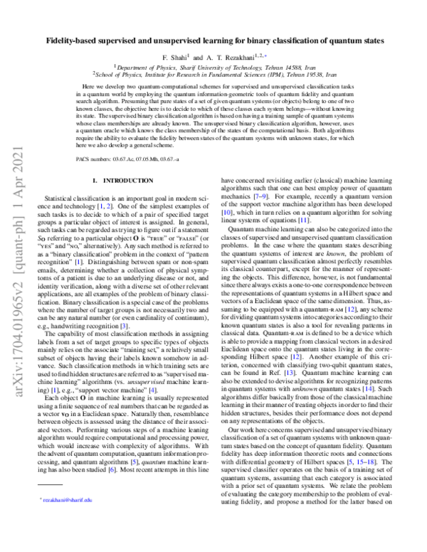(PDF) Fidelity-based supervised and unsupervised learning for binary classification of quantum ...