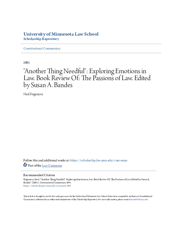 (PDF) Another Thing Needful": Exploring Emotions in Law. Book review of ...