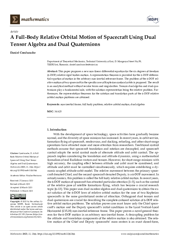 (PDF) A Full-Body Relative Orbital Motion of Spacecraft Using Dual Tensor Algebra and Dual ...