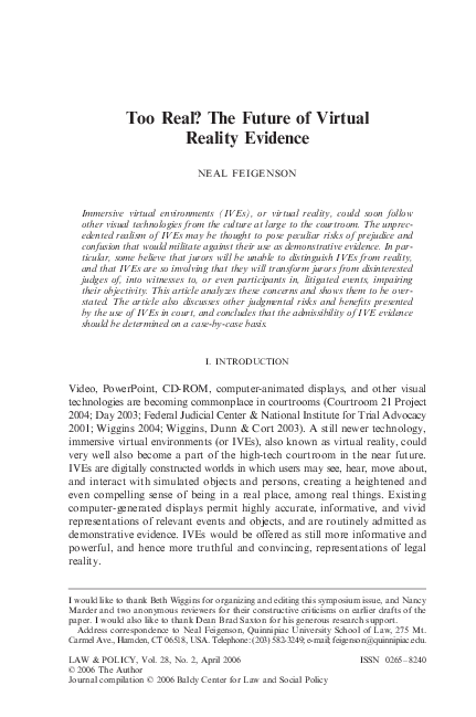 (PDF) Too Real? The Future of Virtual Reality Evidence | Neal Feigenson ...