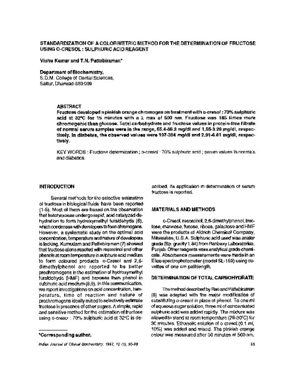 Pdf Standardization Of A Colorimetric Method For The Determination Of Fructose Using O Cresol