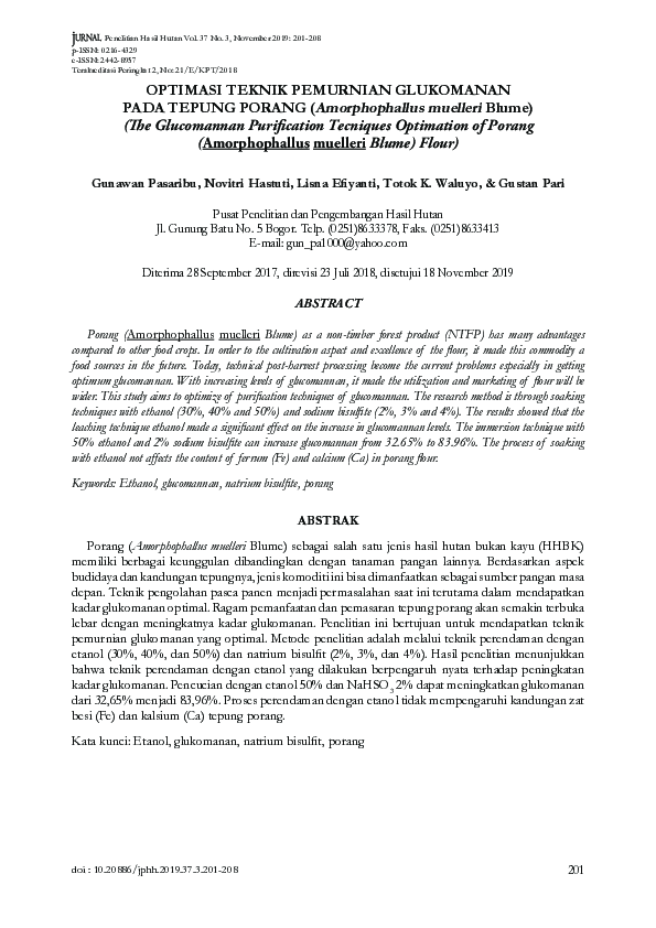 (PDF) OPTIMASI TEKNIK PEMURNIAN GLUKOMANAN PADA TEPUNG PORANG (Amorphophallus muelleri Blume)