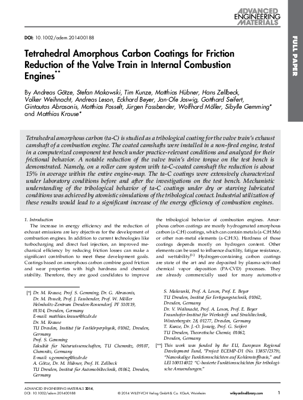 (PDF) Tetrahedral Amorphous Carbon Coatings for Friction Reduction of ...