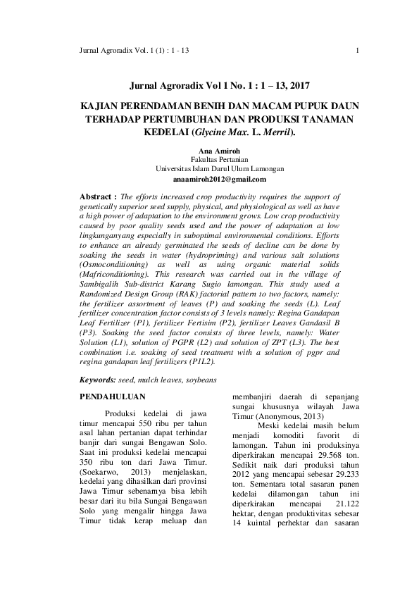 (PDF) KAJIAN PERENDAMAN BENIH DAN MACAM PUPUK DAUN TERHADAP PERTUMBUHAN DAN PRODUKSI TANAMAN ...