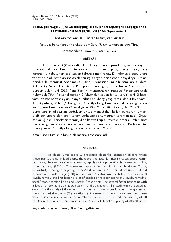 (PDF) KAJIAN PENGARUH JUMLAH BIBIT PER LUBANG DAN JARAK TANAM TERHADAP PERTUMBUHAN DAN PRODUKSI ...