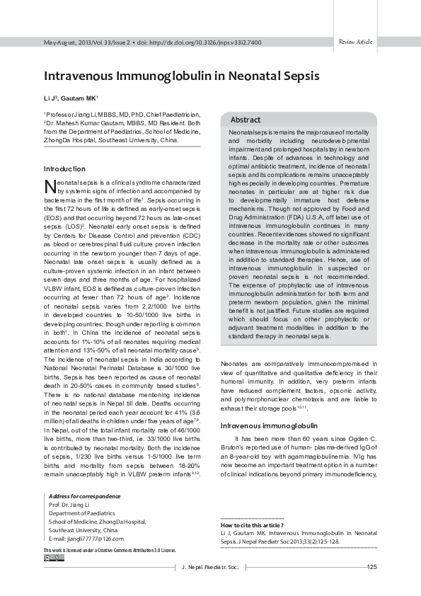 (PDF) Intravenous Immunoglobulin in Neonatal Sepsis