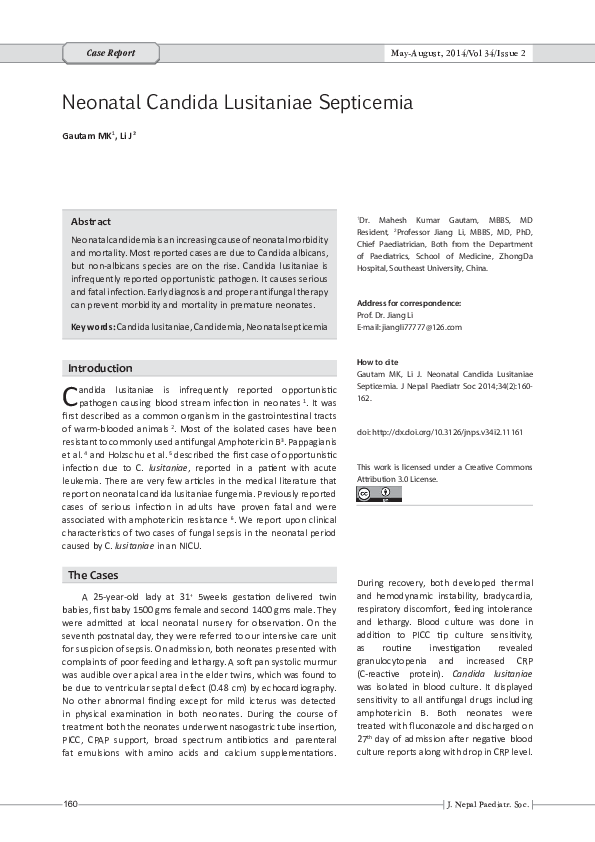 (PDF) Neonatal Candida Lusitaniae Septicemia | Mahesh Kumar Gautam ...