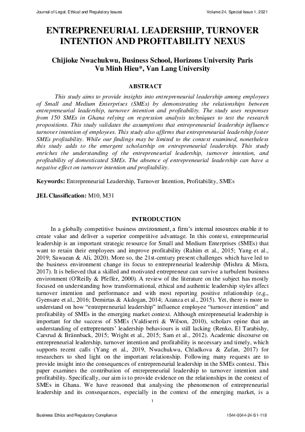 (PDF) Entrepreneurial Leadership, Turnover Intention and Profitability ...