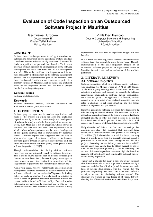 (PDF) Evaluation of Code Inspection on an Outsourced Software Project ...