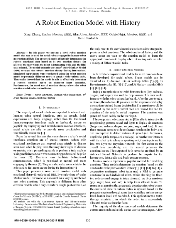 (PDF) A robot emotion model with history