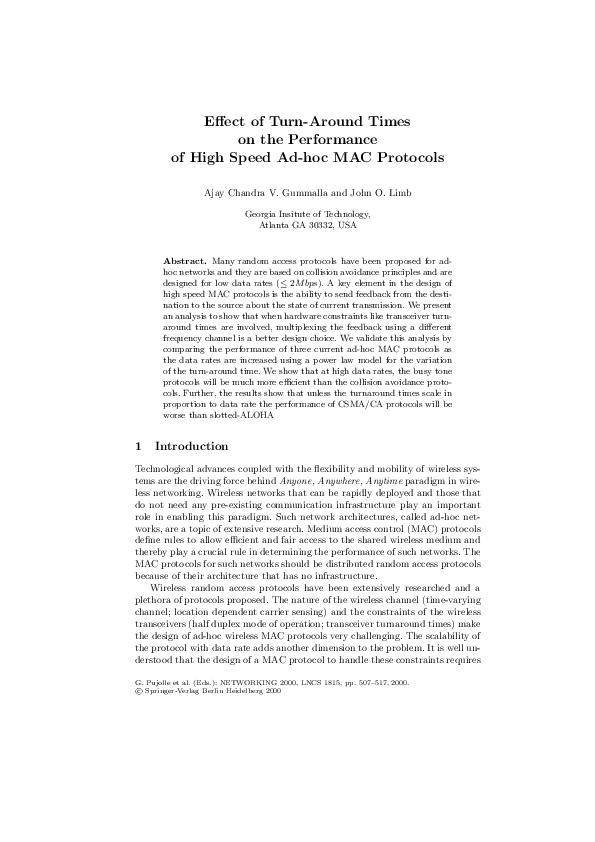 (PDF) Effect of Turn-Around Times on the Performance of High Speed Ad-hoc MAC Protocols | Ajay ...