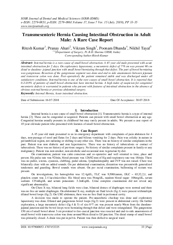 (PDF) Transmesenteric Hernia Causing Intestinal Obstruction in Adult ...