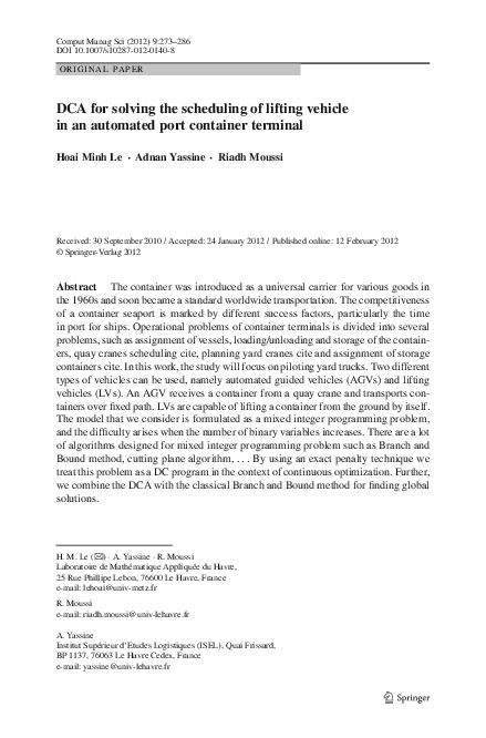 (PDF) DCA for solving the scheduling of lifting vehicle in an automated port container terminal