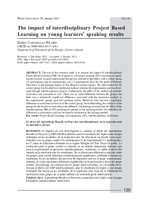 (PDF) The impact of interdisciplinary Project Based Learning on young learners’ speaking results